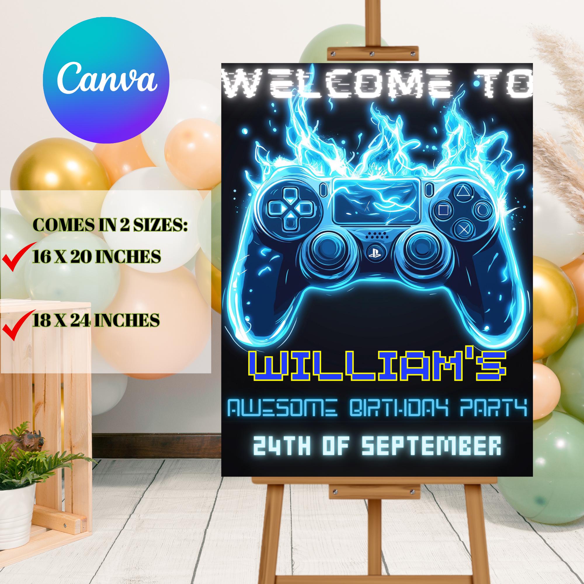 Editable Video Game Birthday Party Welcome Sign Template, Blue Video ...