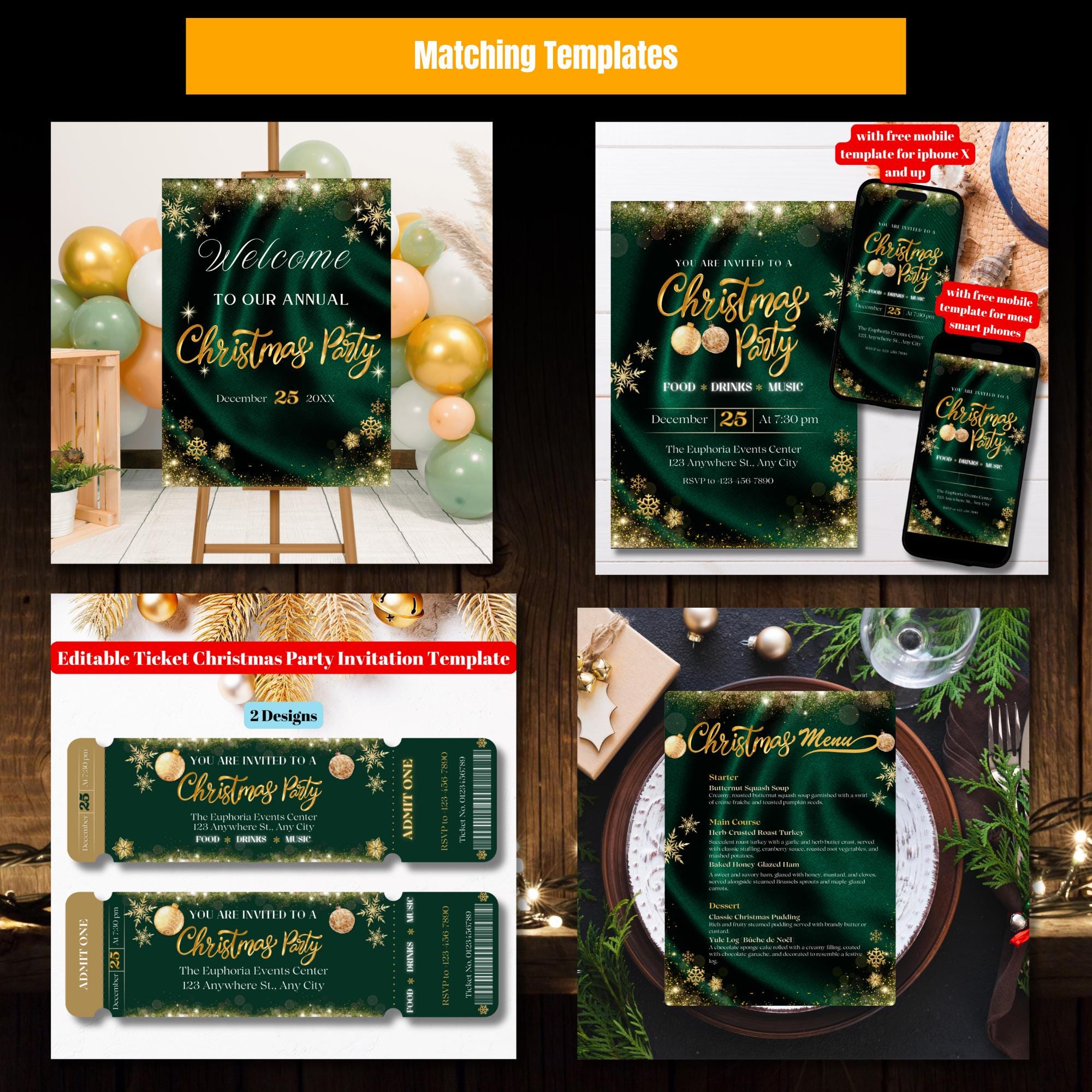 Editable Christmas Water Bottle Label Template, Elegant Emerald Green ...