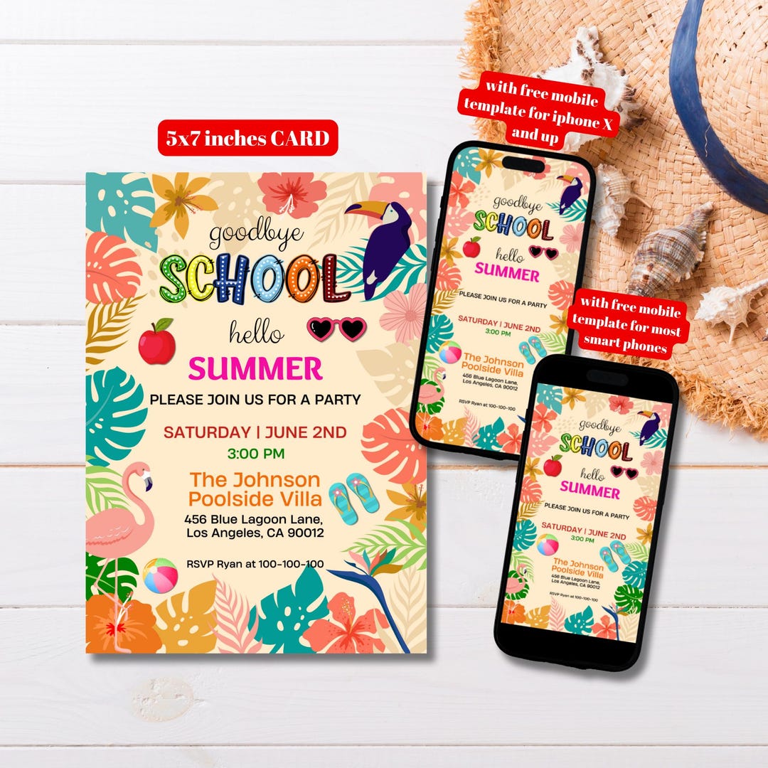 Editable Goodbye School Hello Summer Party Invitation Template ...
