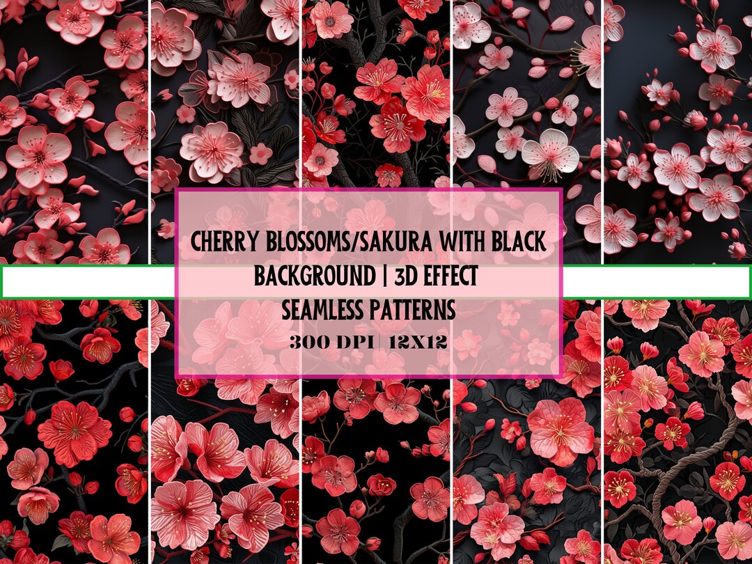 3D Sakura Cherry Blossoms Black Background Digital Paper 3D Sakura, 3D ...