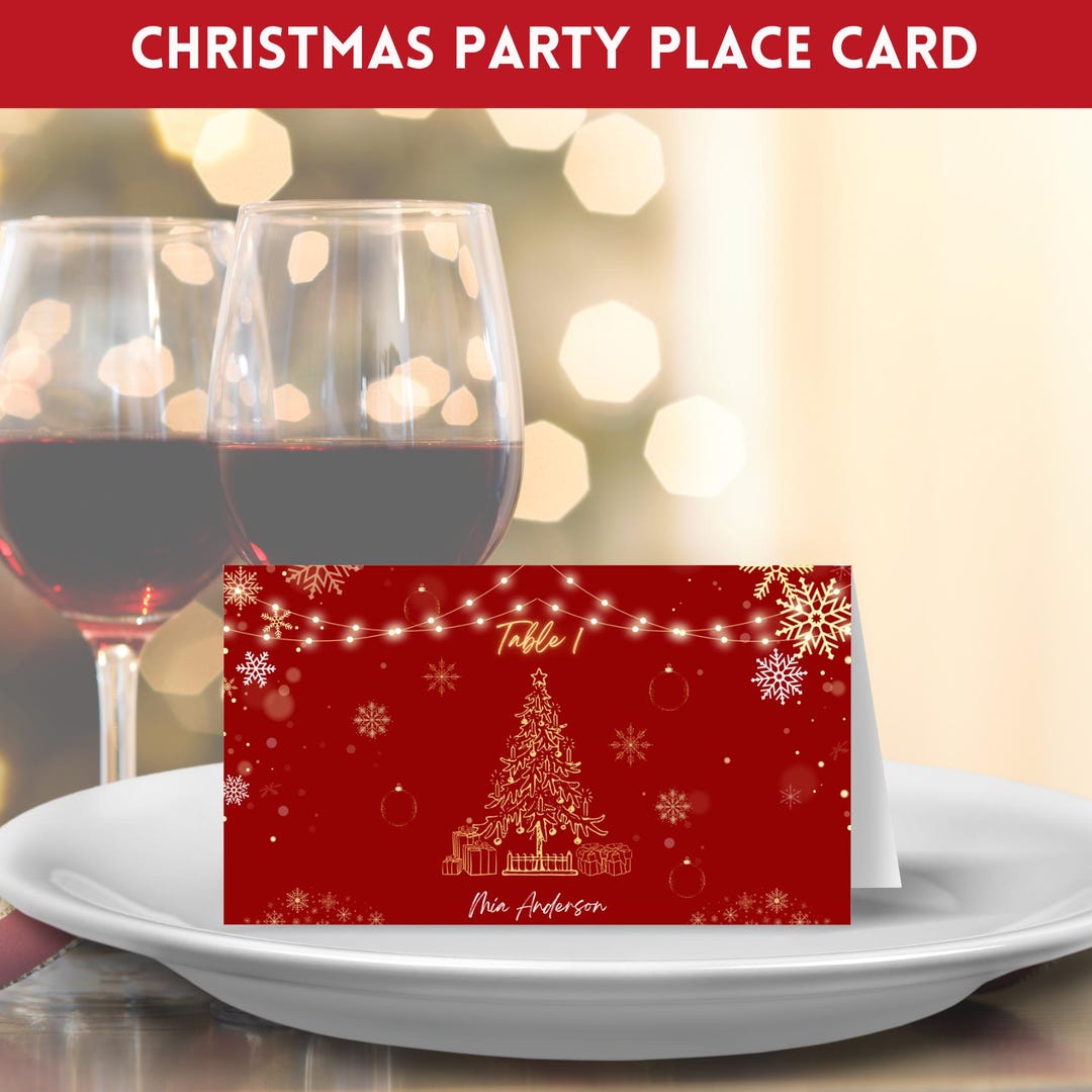 Editable Red and Gold Christmas Party Place Card Template, Printable ...