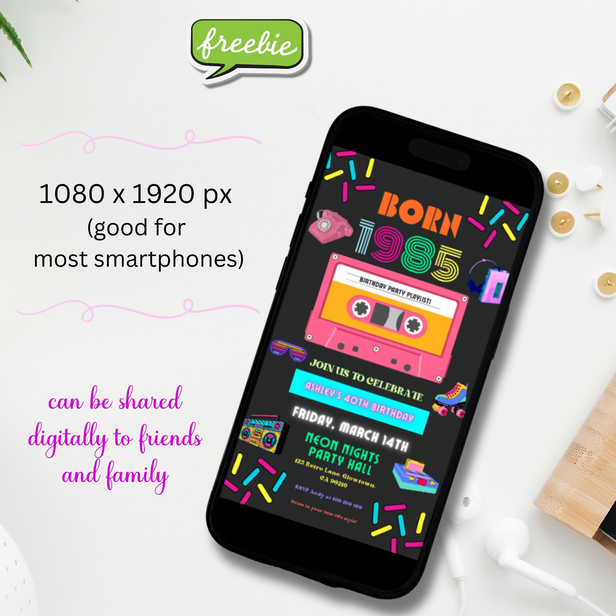 Editable 1985 40th Birthday Party Invitation Template, Printable Neon ...