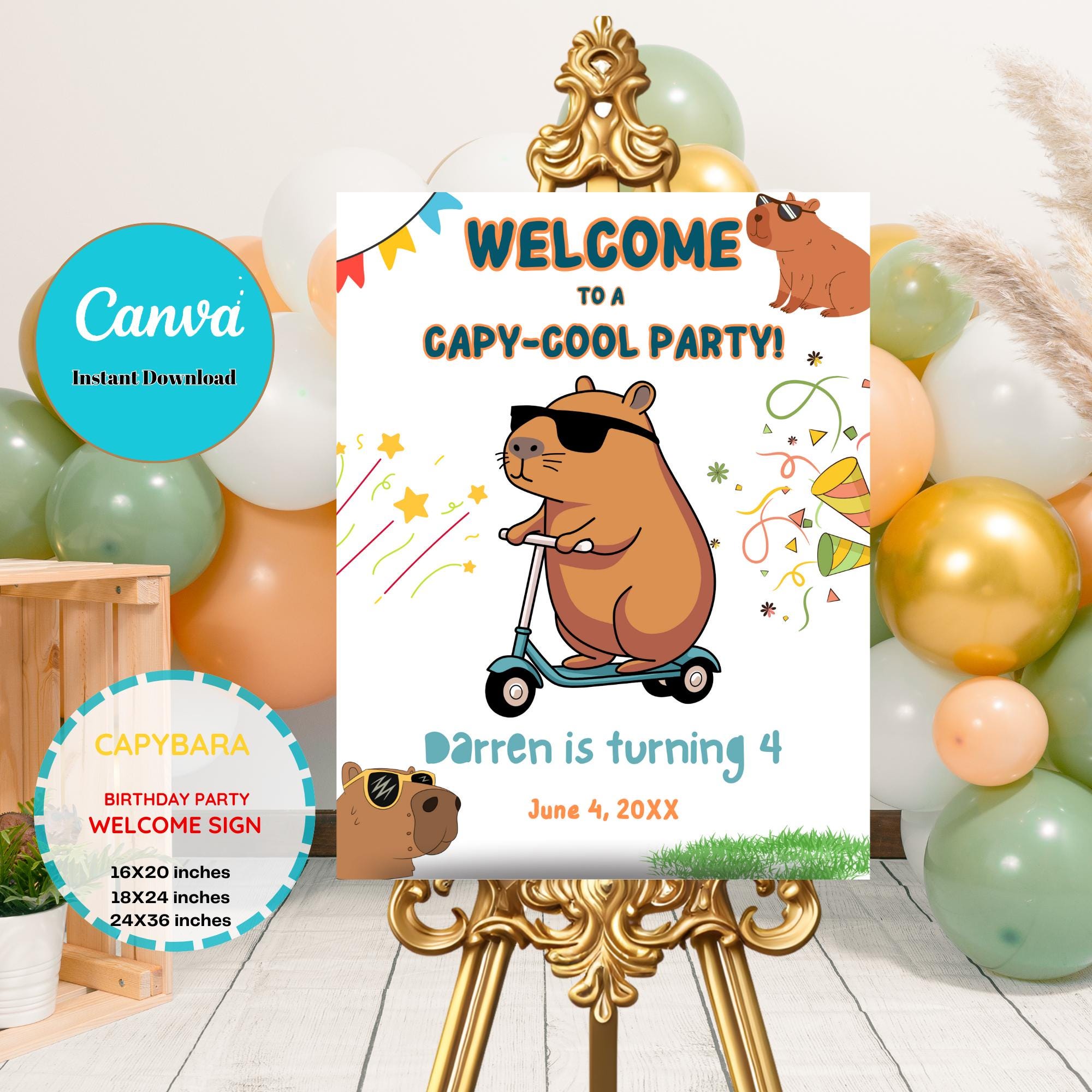 Capybara Welcome Sign Kids Birthday Editable, Cute Capybara Welcome ...
