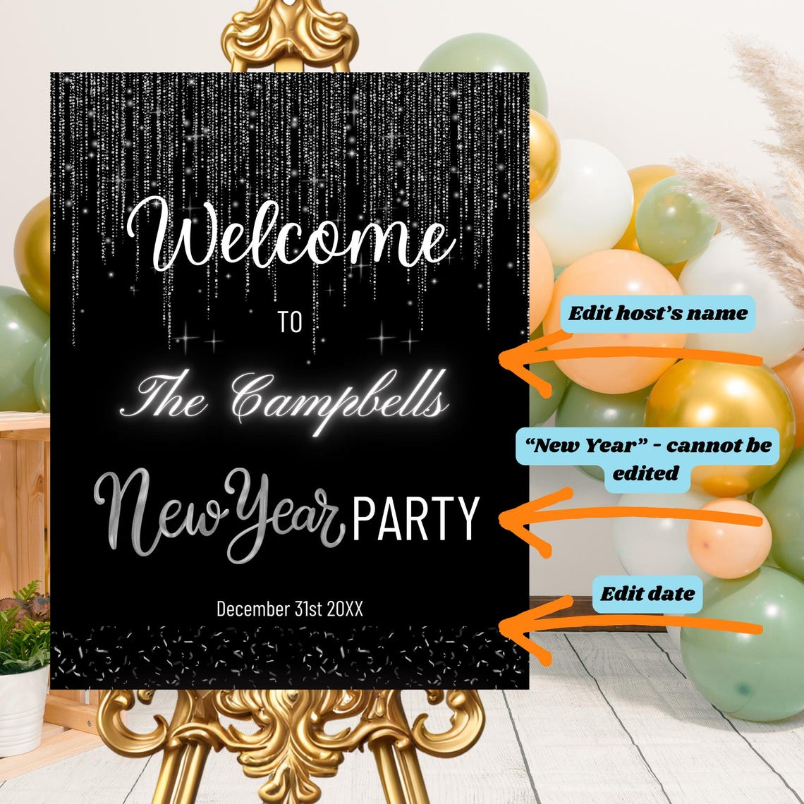 Editable Black and Silver Glitter New Year's Party Welcome Sign ...