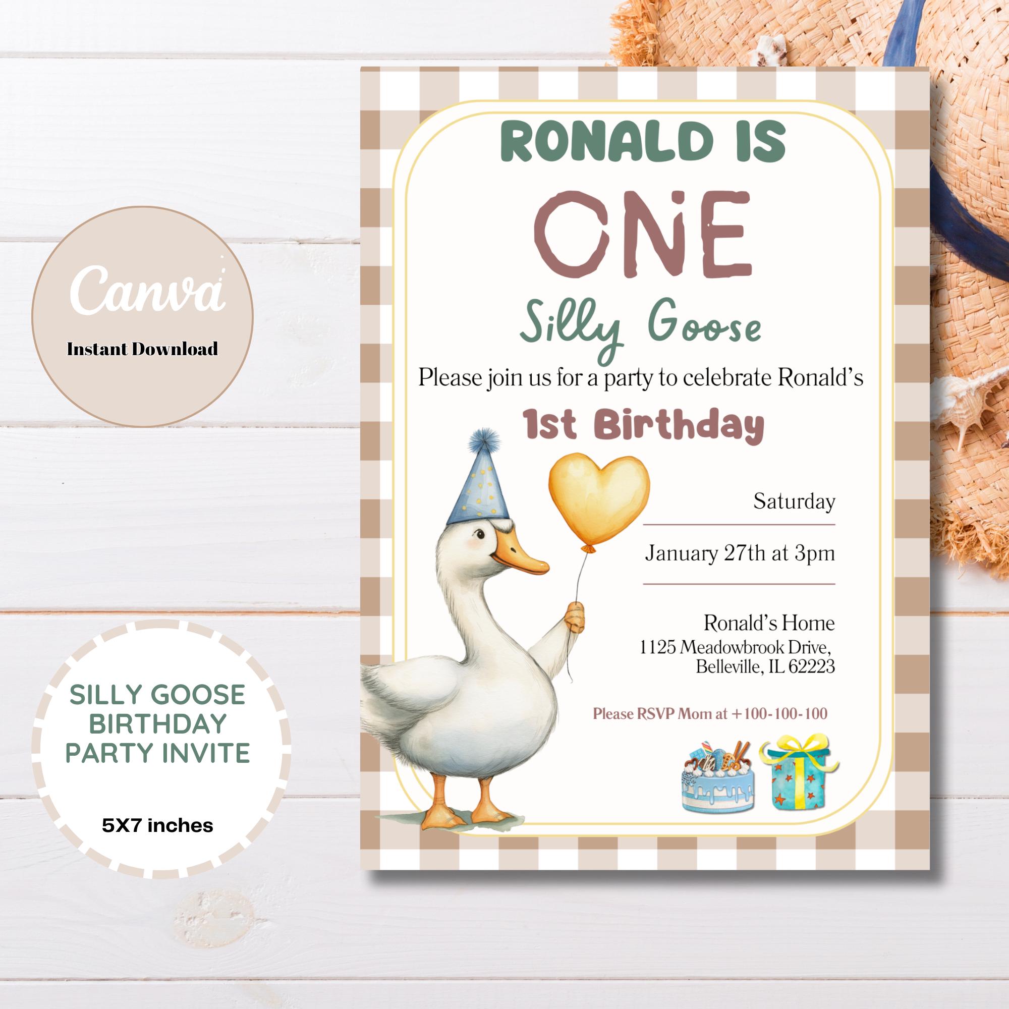 Editable Brown One Silly Goose Birthday Invitation Template, Printable ...