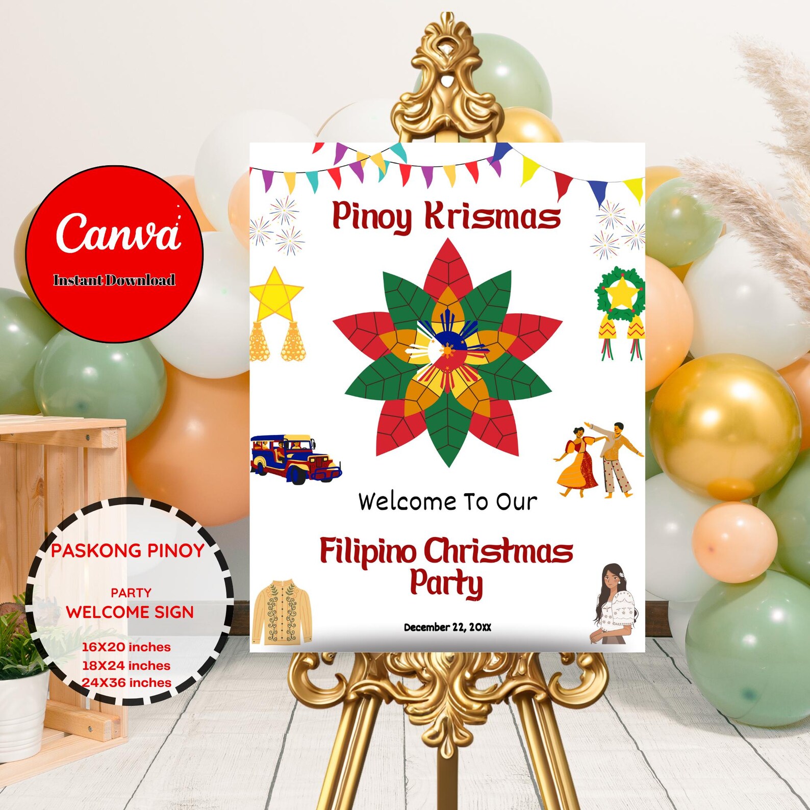 Editable Paskong Pinoy Party Welcome Sign Template, Printable Filipino ...