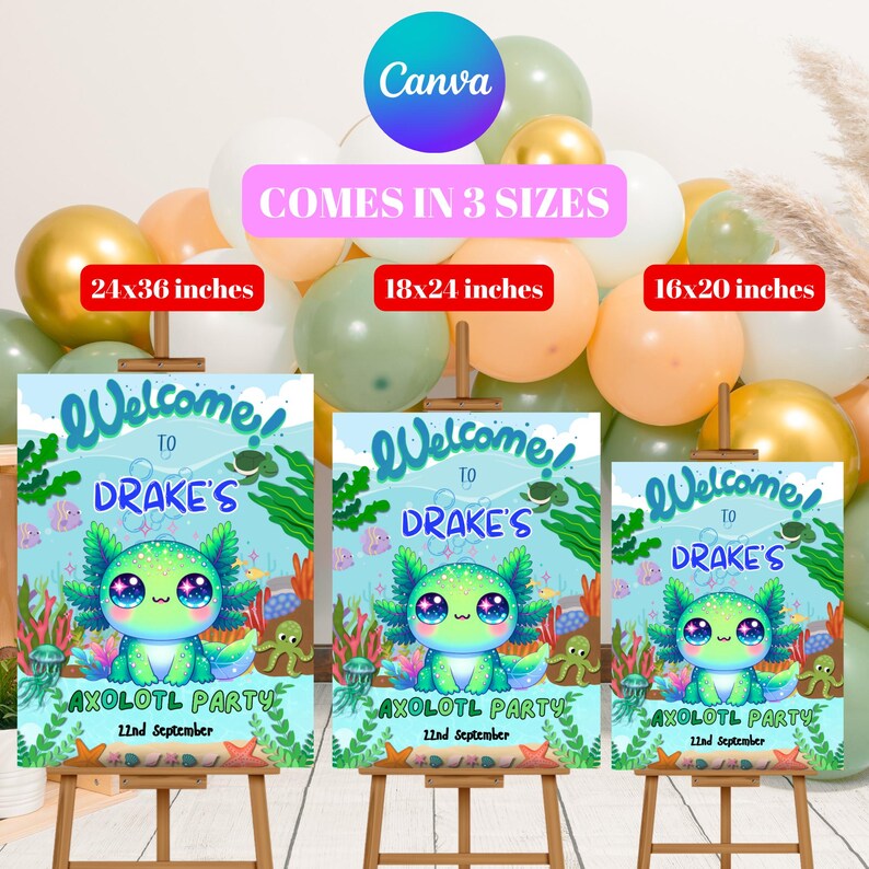 Editable Green Axolotl Birthday Party Welcome Sign Template, Printable ...