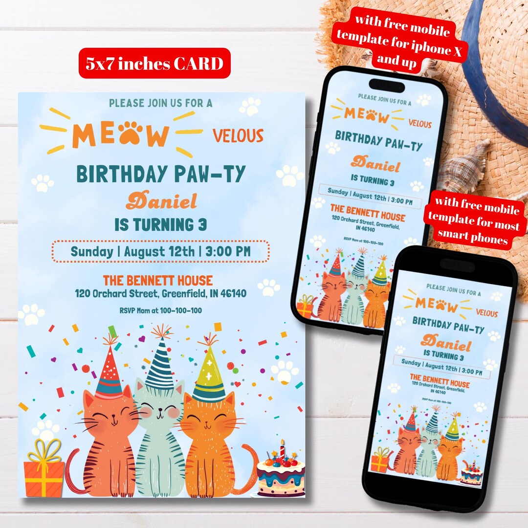 Editable Cats Birthday Invitation Template, Printable Cute Cats Bday ...