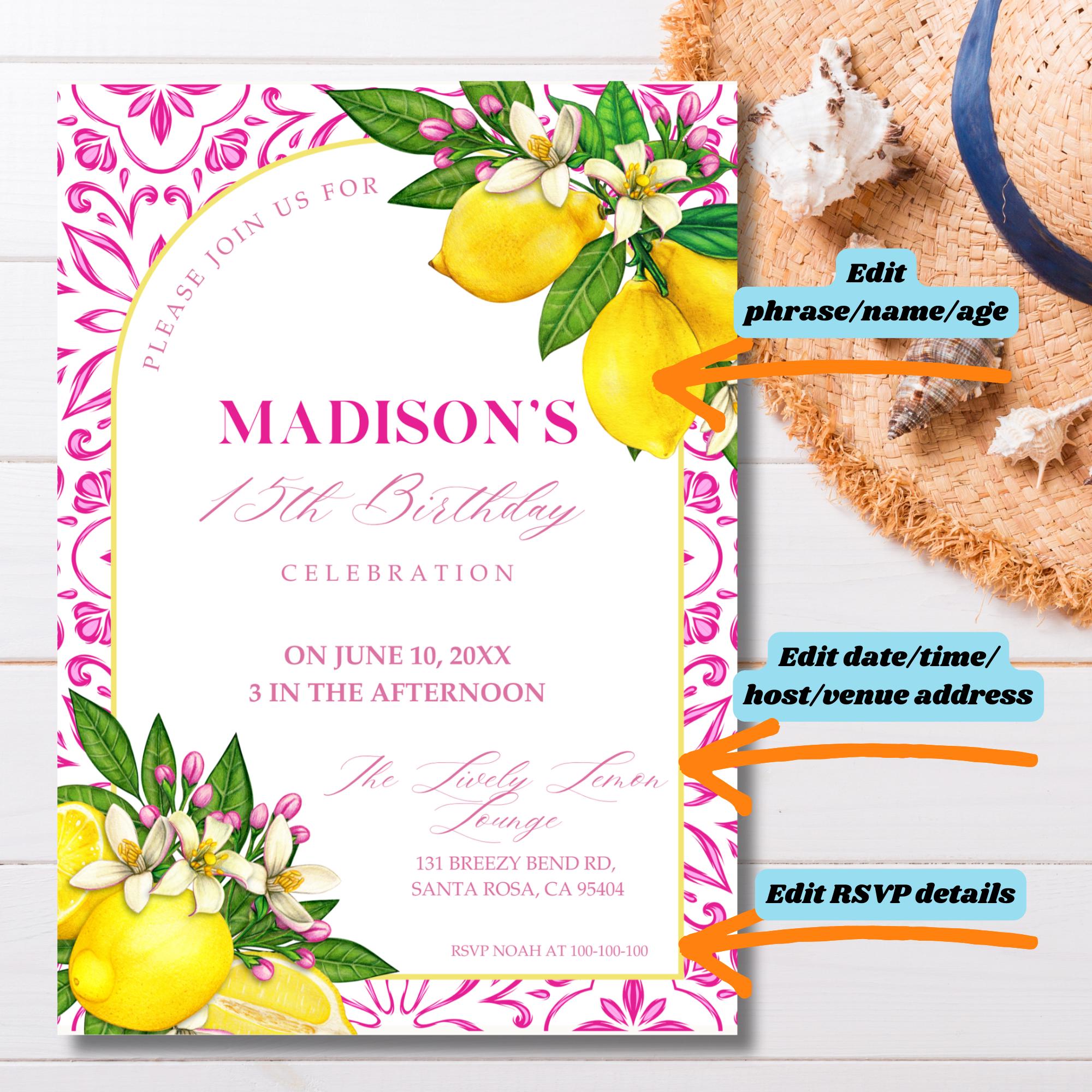 Editable Lemon Birthday Invitation Template, Printable Pink Lemonade ...