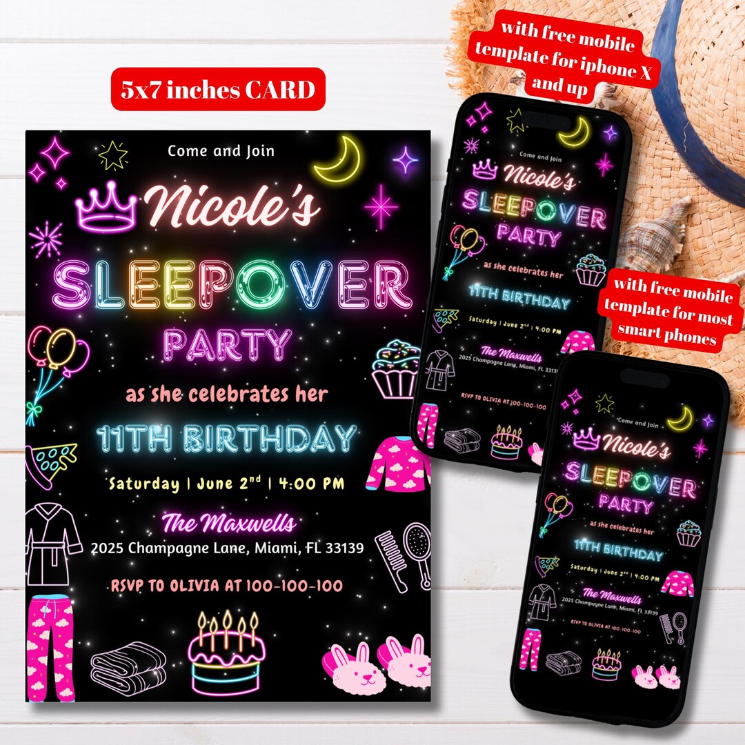 Editable Neon Sleepover Birthday Invitation Template, Printable Pink ...