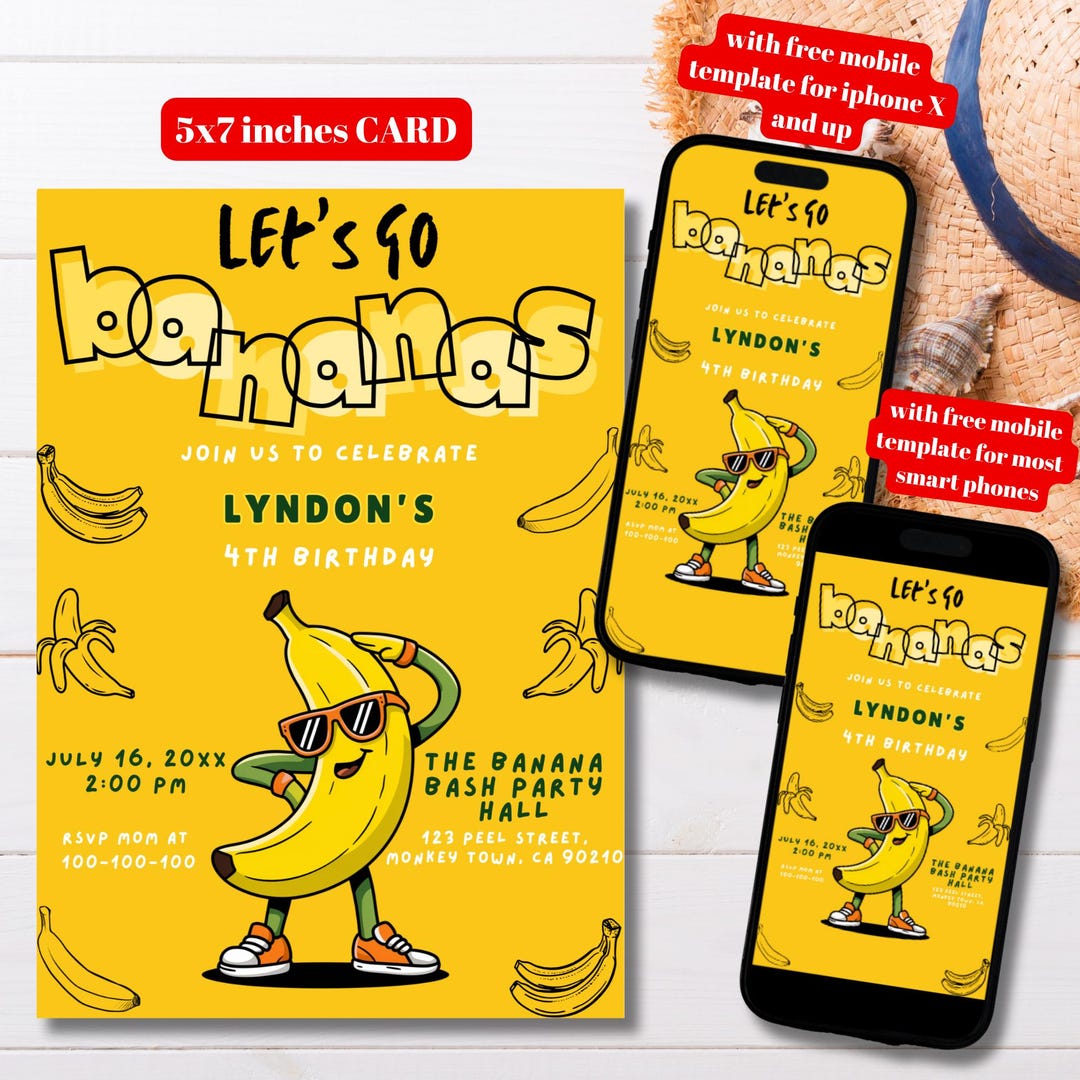 Editable Let's Go Bananas Birthday Invitation Template, Printable Fruit ...