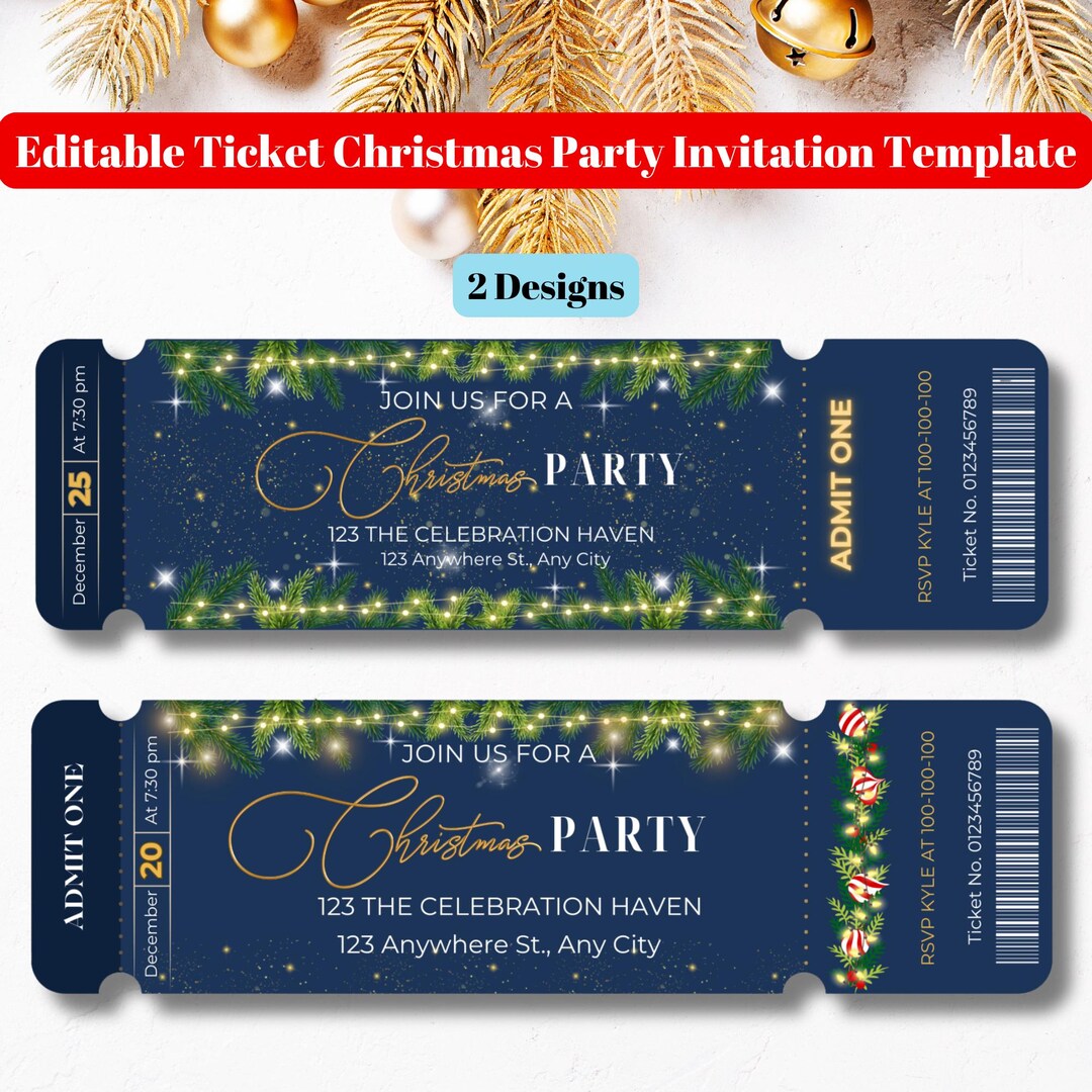 Editable Blue and Gold Christmas Party Ticket Invitation Template, Blue ...