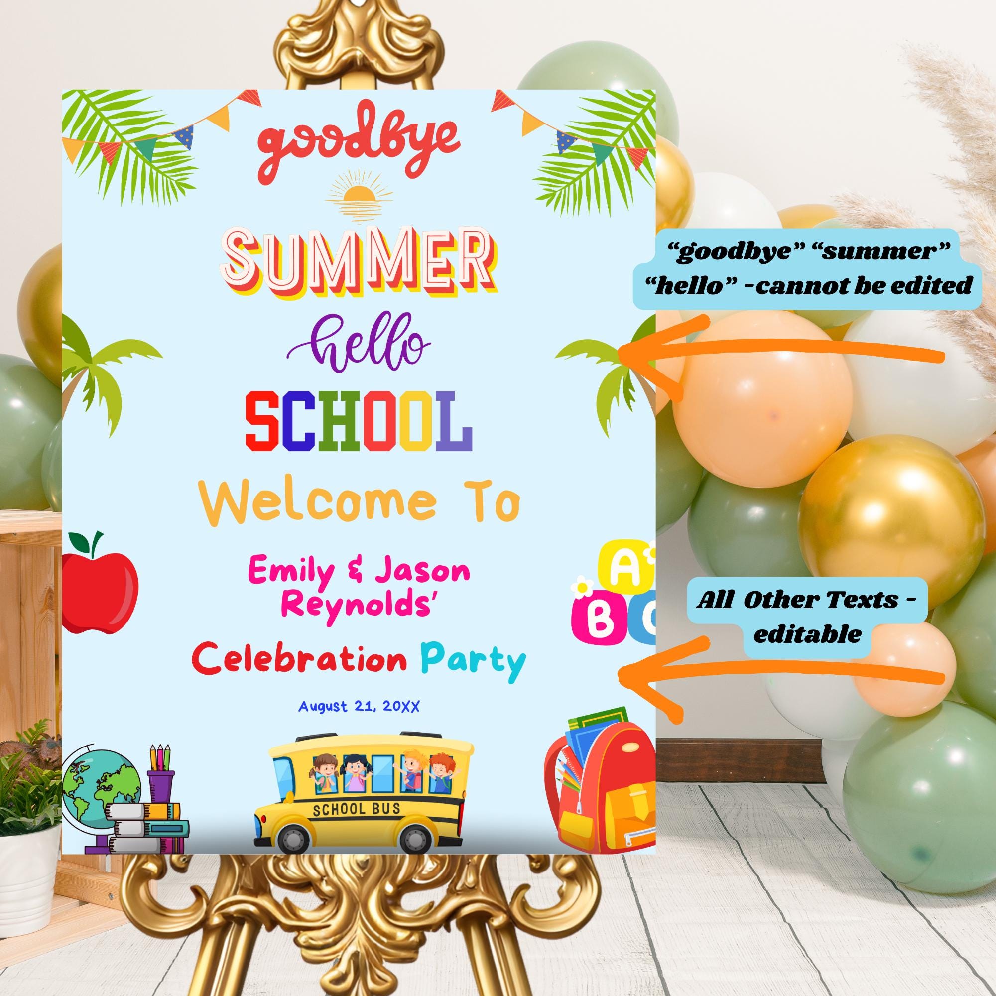 Editable Goodbye Summer Hello School Back to School Party Welcome Sign ...