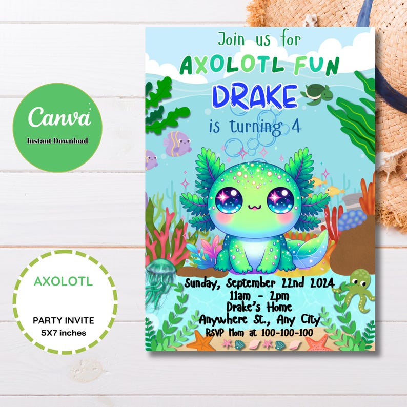Editable Axolotl Birthday Party Invitation Template for Boys, Printable ...