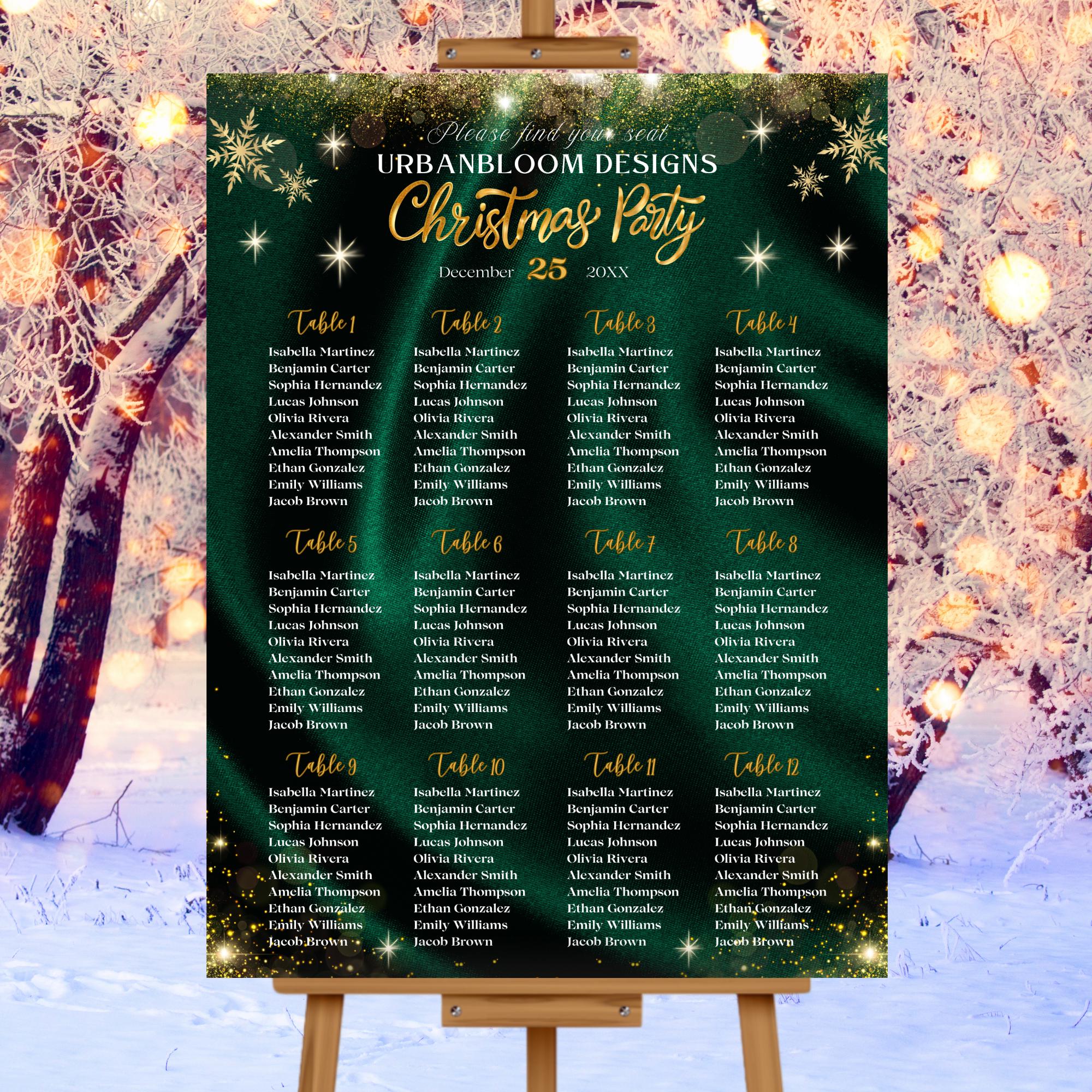 Editable Emerald Green and Gold Christmas Party Seating Chart Sign ...