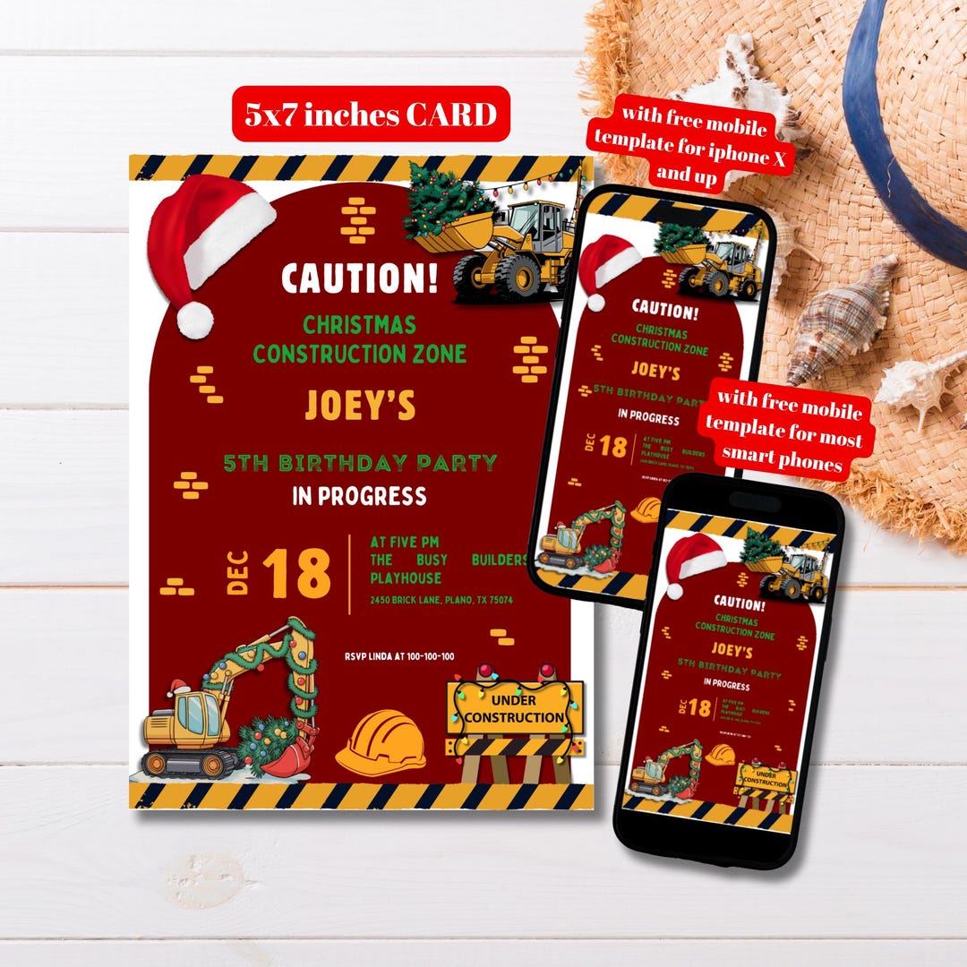 Editable Christmas Construction Birthday Party Invitation Template ...