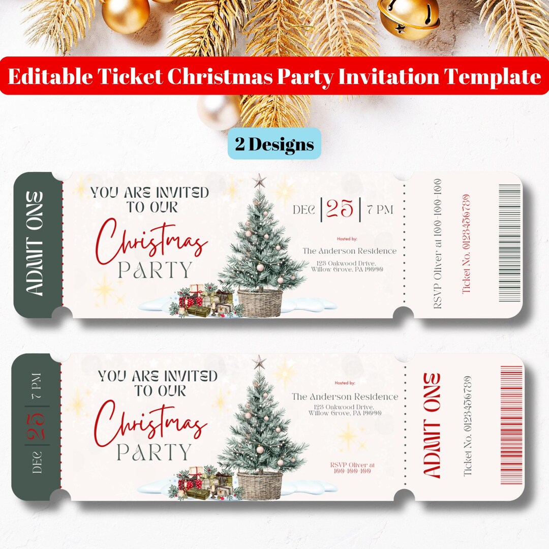 Editable Christmas Tree Ticket Invitation Template, Printable Ticket ...