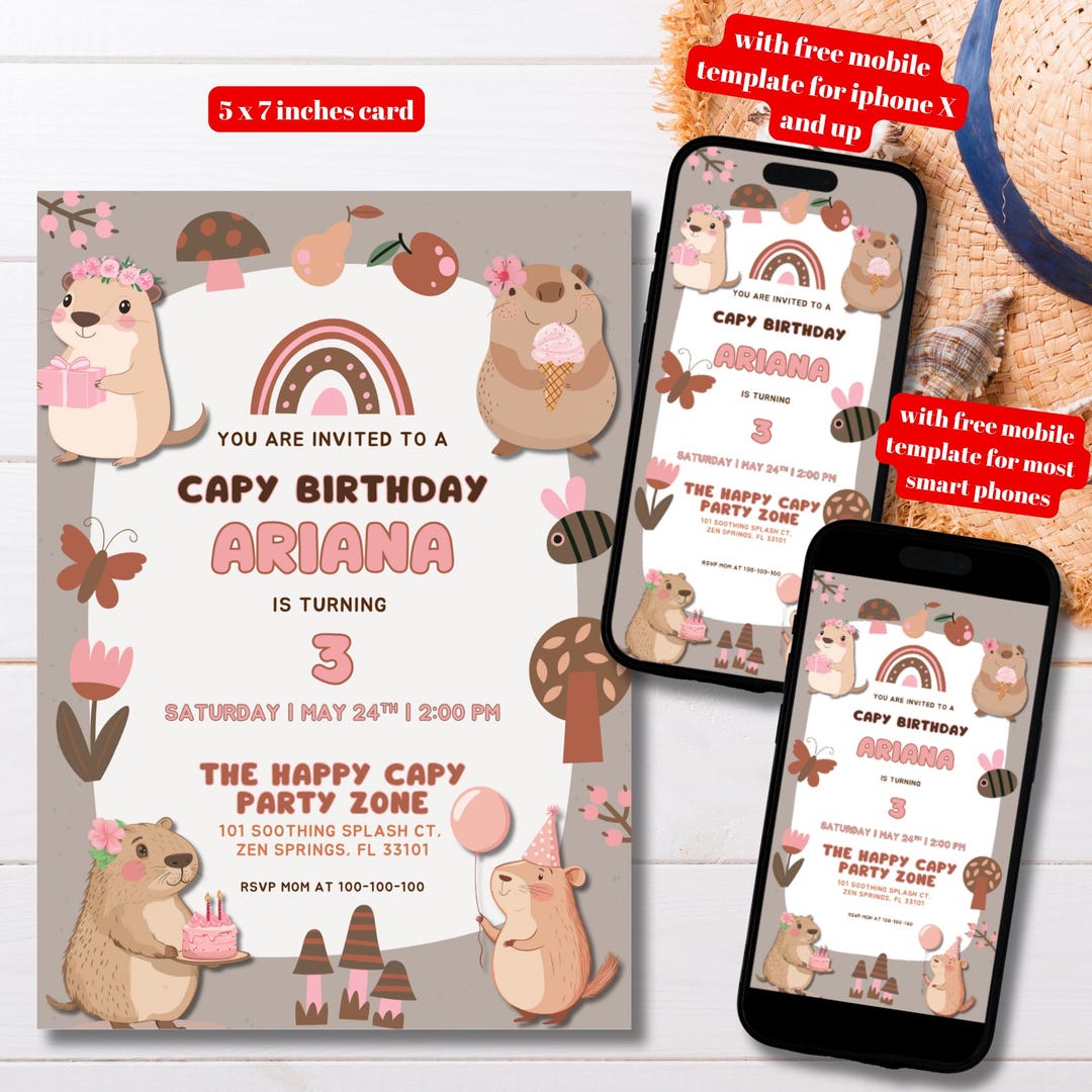 Editable Cute Capybara Birthday Party Invitation Template, Printable ...