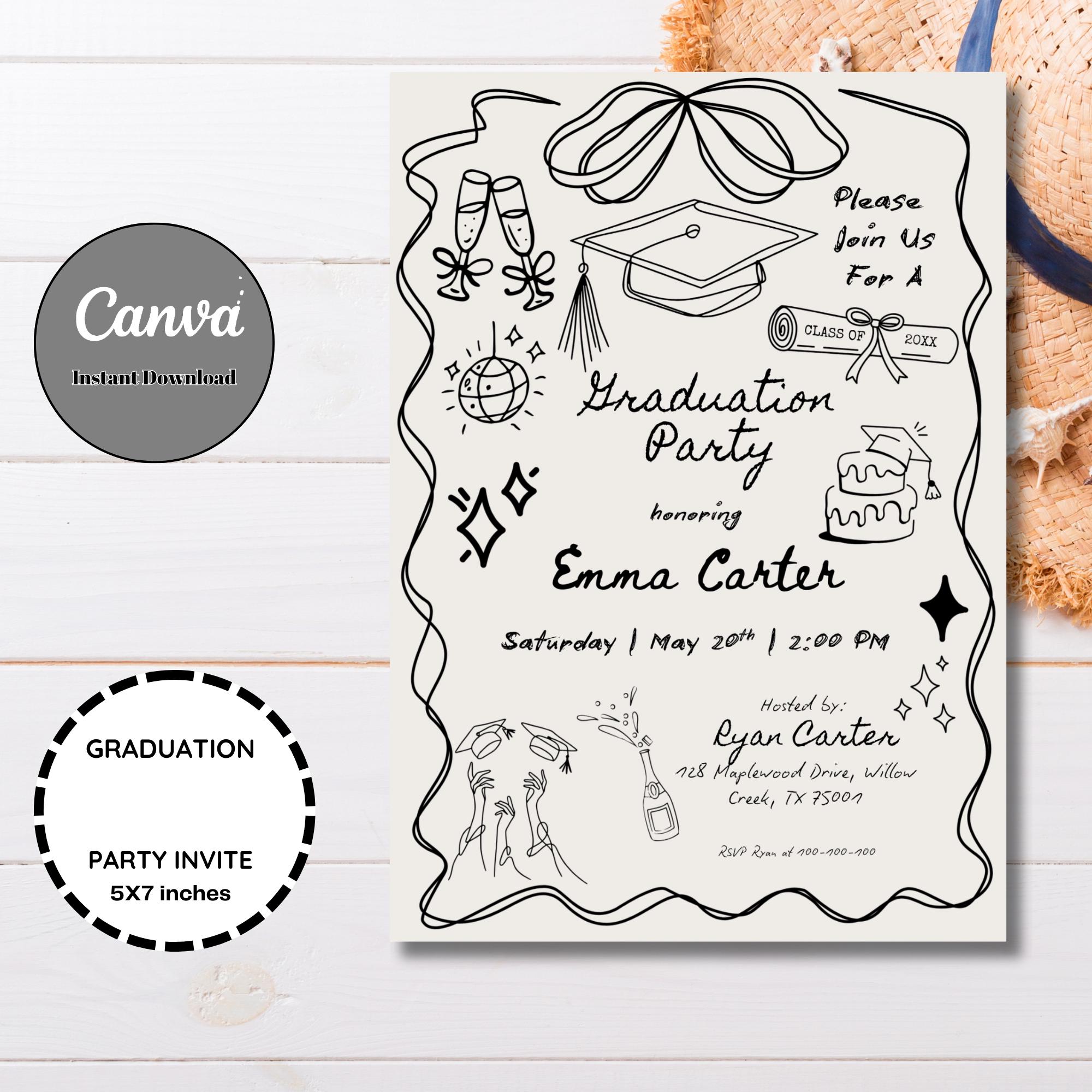 Editable Doodle Style Graduation Invitation Template, Printable Hand ...