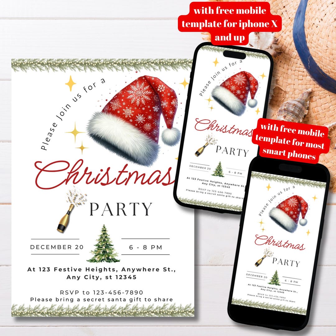Editable Christmas Party Santa Hat Invitation, Christmas Party Santa ...