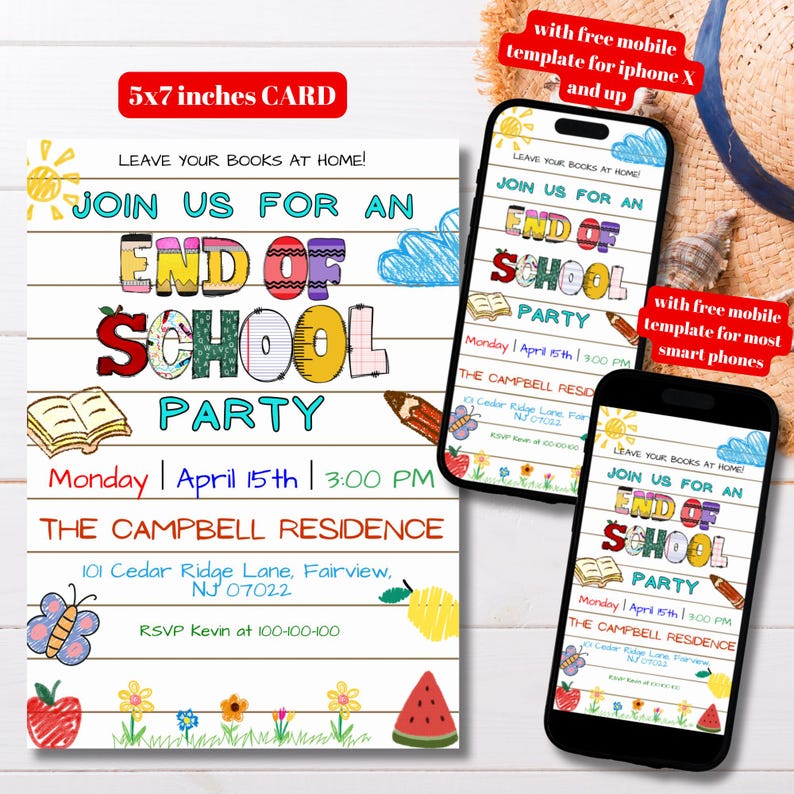 Editable End of School Party Invitation Template, Printable Kids Summer ...