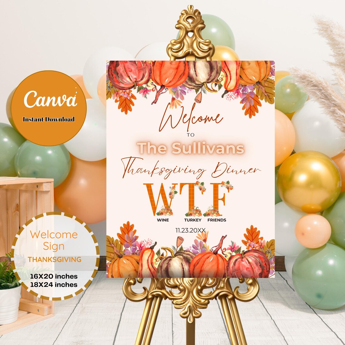 Editable WTF Thanksgiving Dinner Welcome Sign Template, Printable ...