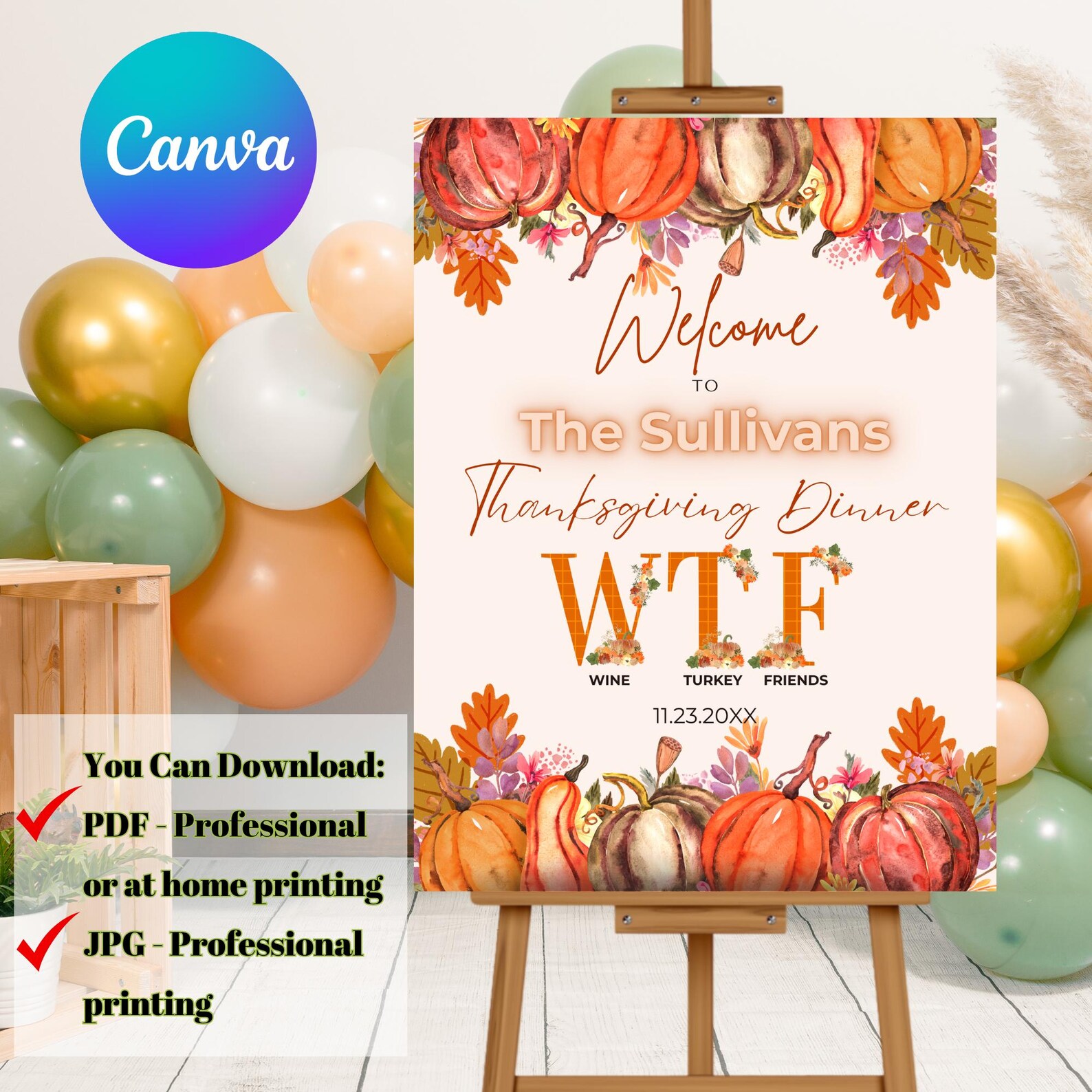Editable WTF Thanksgiving Dinner Welcome Sign Template, Printable ...