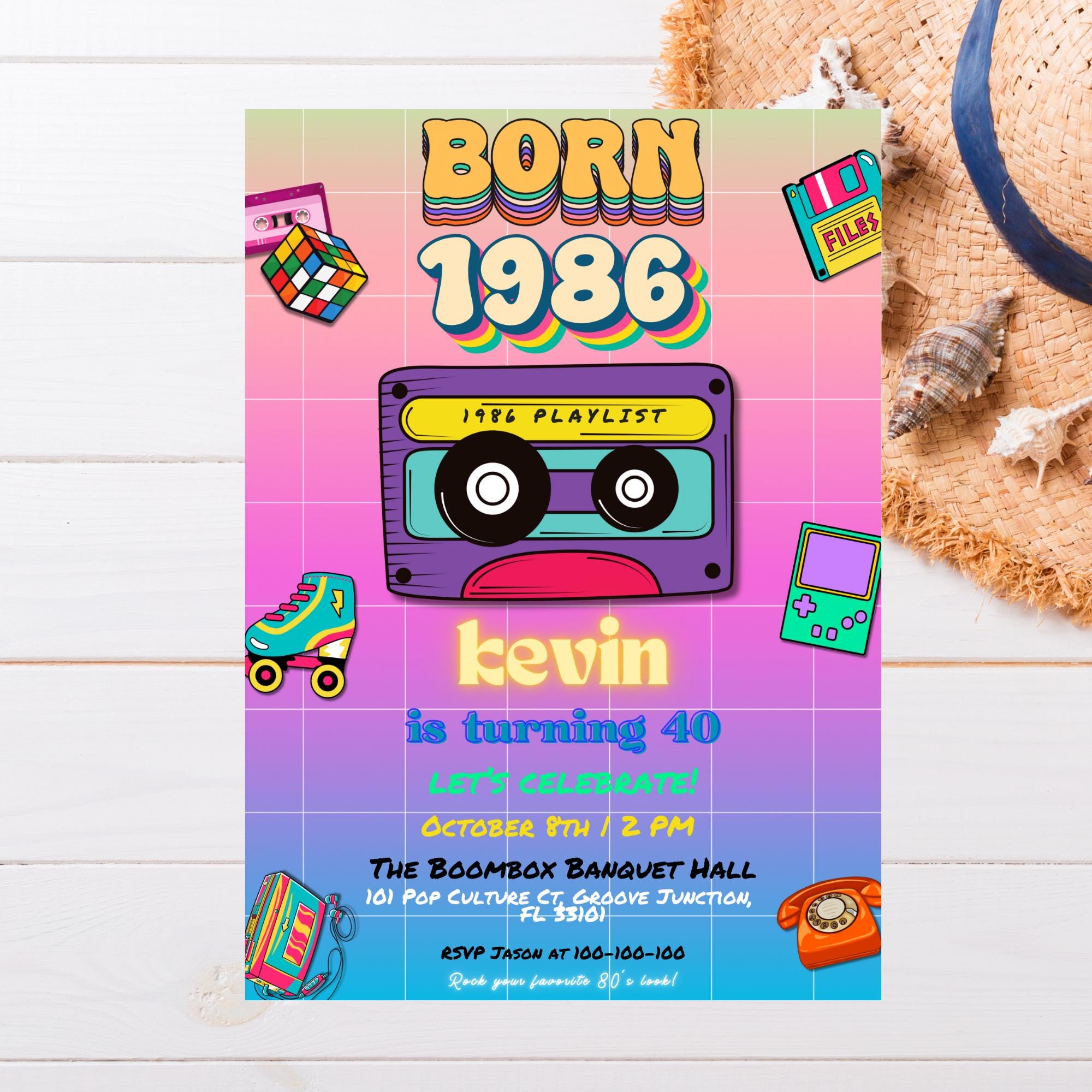 Editable Retro 1980s Birthday Invitation Template, Printable Born 1986 ...