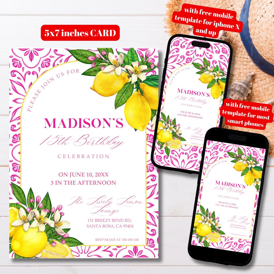 Editable Lemon Birthday Invitation Template, Printable Pink Lemonade ...