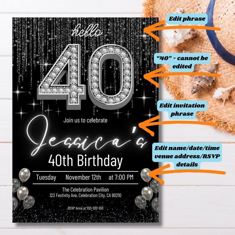 40th Birthday Invitation Template Diamonds Glitter, 40th Birthday Party ...