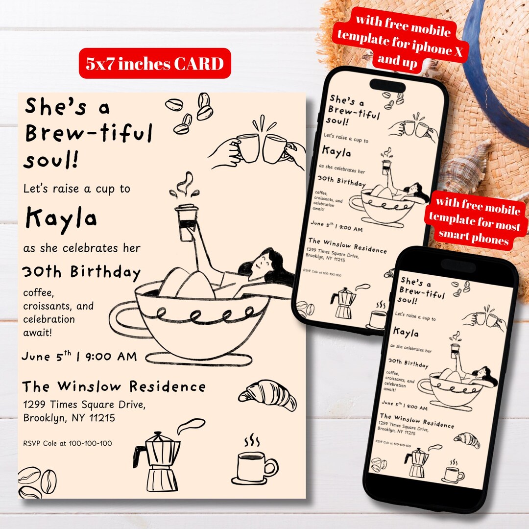Editable Hand Drawn Coffee Birthday Invitation Template, Printable Brew ...