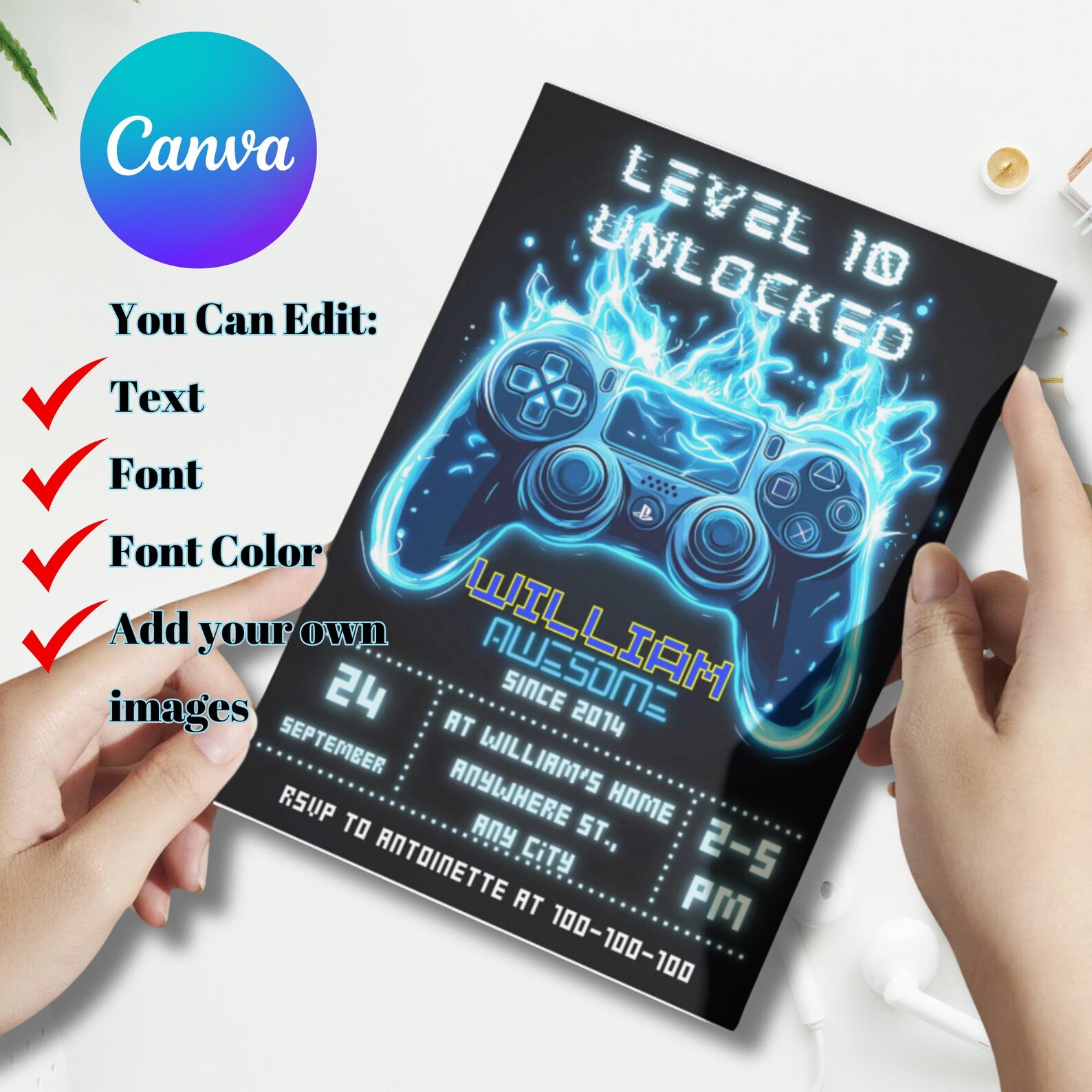 Editable Blue Video Game Birthday Party Invitation, Printable Gamer ...