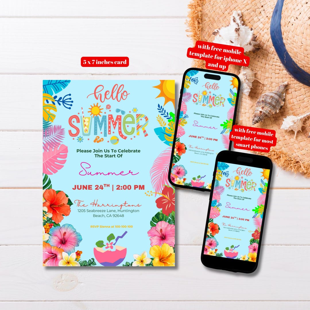 Editable Hello Summer Party Invitation Template, Printable End of ...