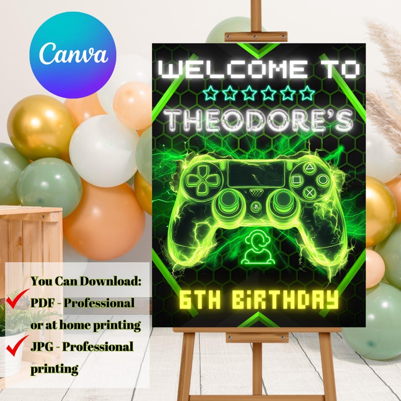 Editable Game Controller Birthday Party Welcome Sign Template ...