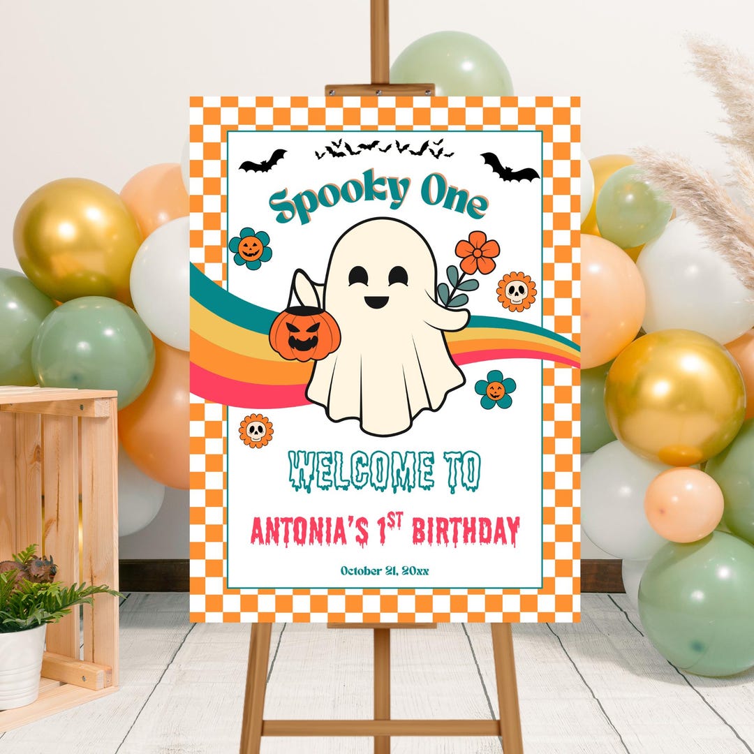 Editable Spooky One Birthday Welcome Sign Template, Printable Groovy ...