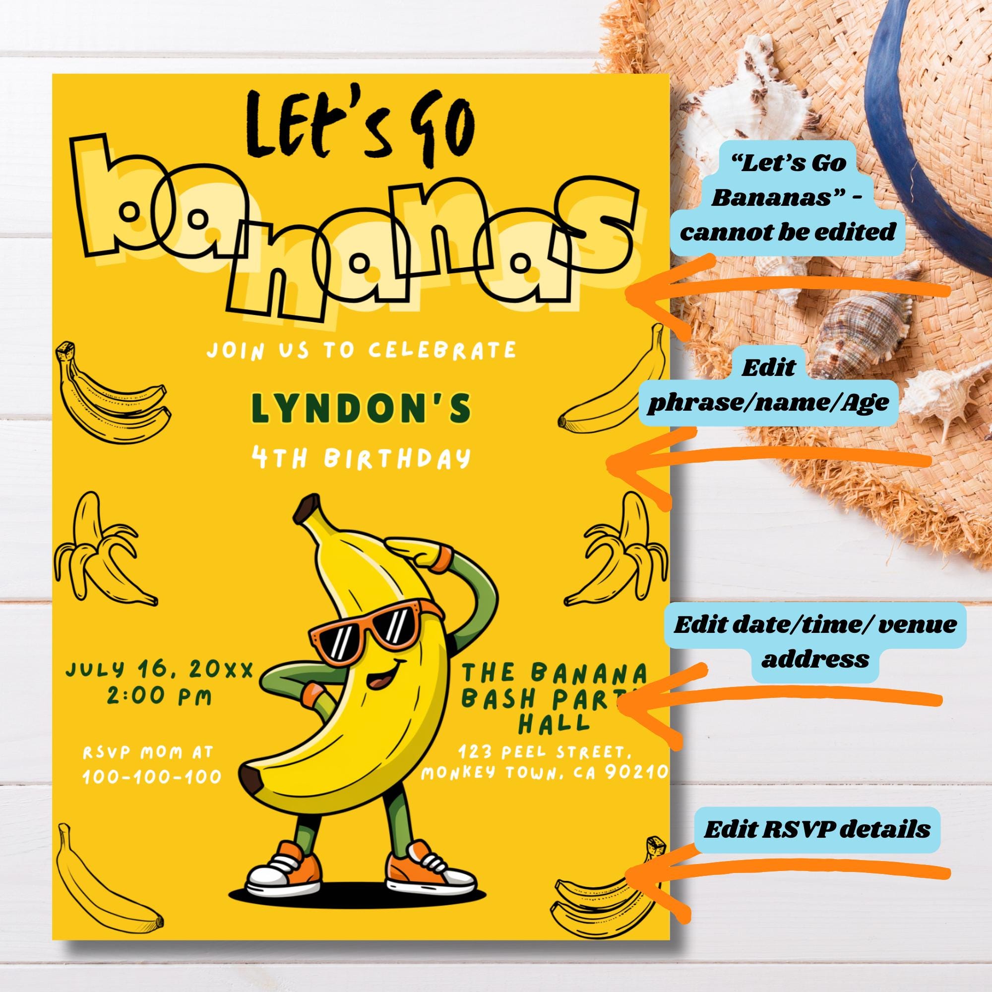 Editable Let's Go Bananas Birthday Invitation Template, Printable Fruit ...