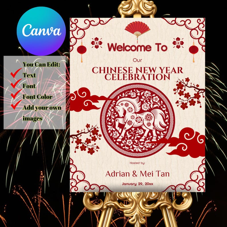 Editable Year of the Horse Chinese New Year Welcome Sign Template ...