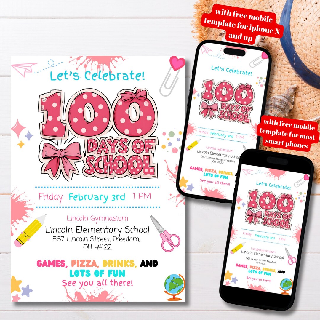 Editable Let's Celebrate 100 Days of School Party Invitation Template ...