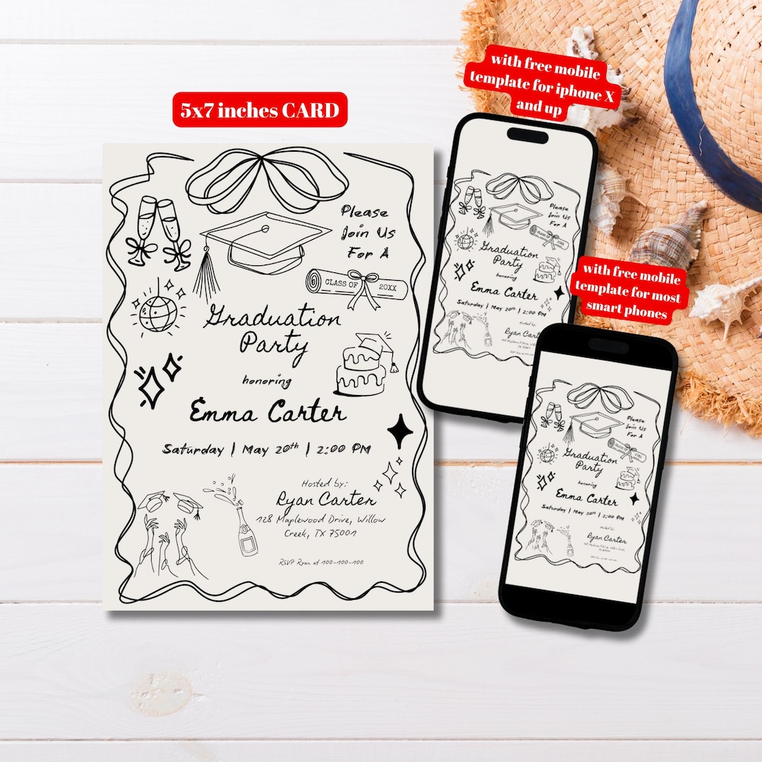 Editable Doodle Style Graduation Invitation Template, Printable Hand ...