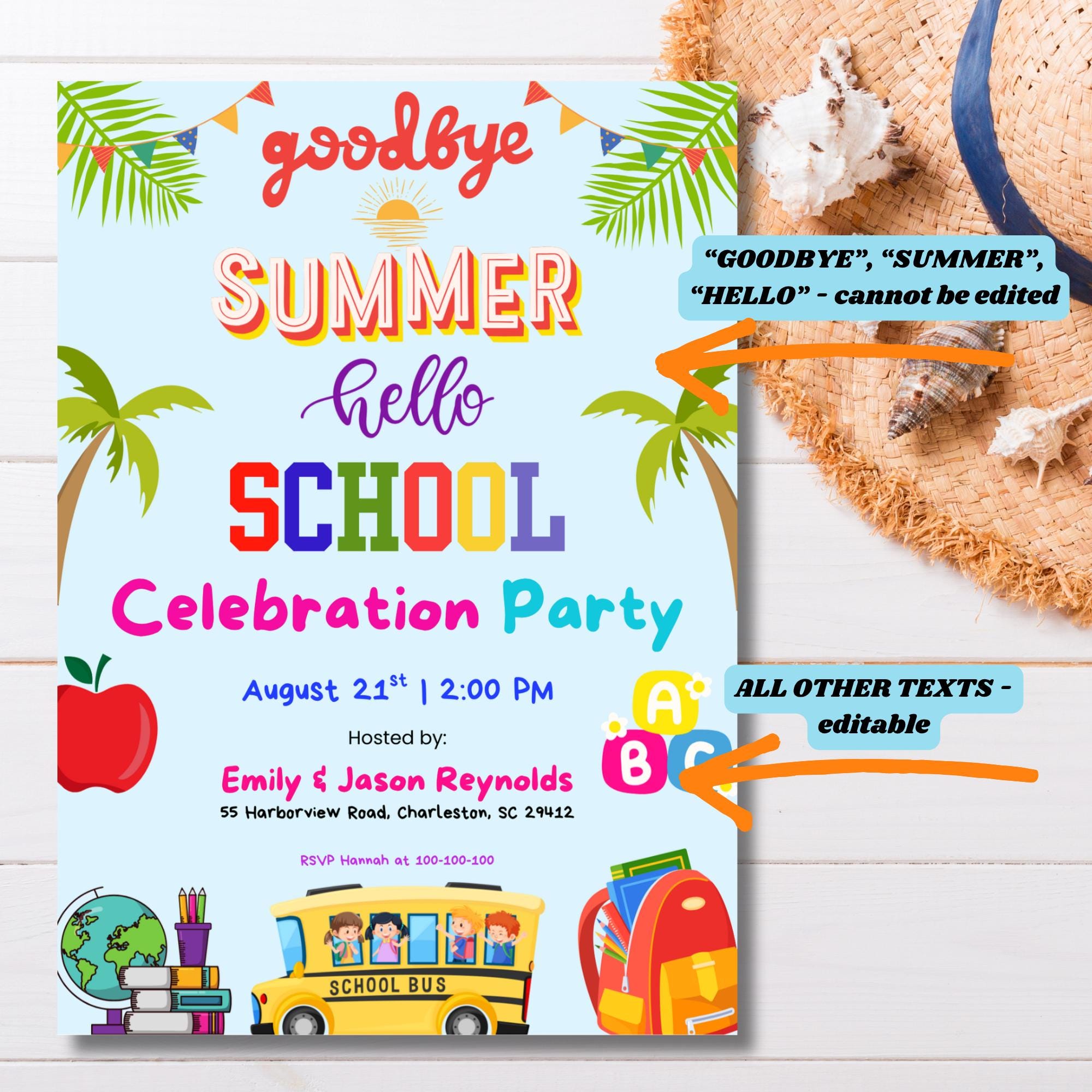 Editable Goodbye Summer Hello School Back to School Party Invitation ...