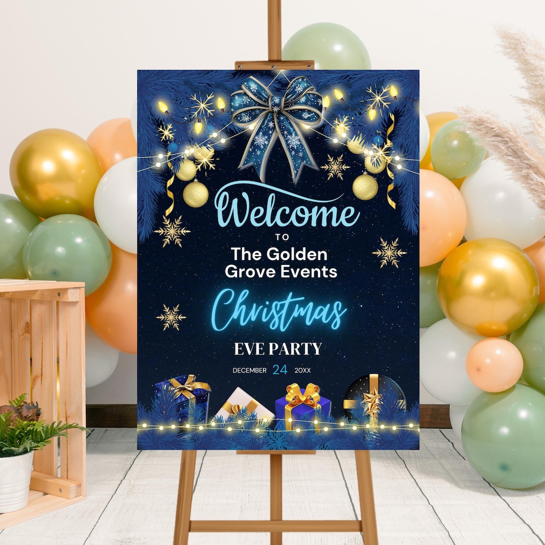 Editable Blue Christmas Eve Party Welcome Sign Template, Printable ...