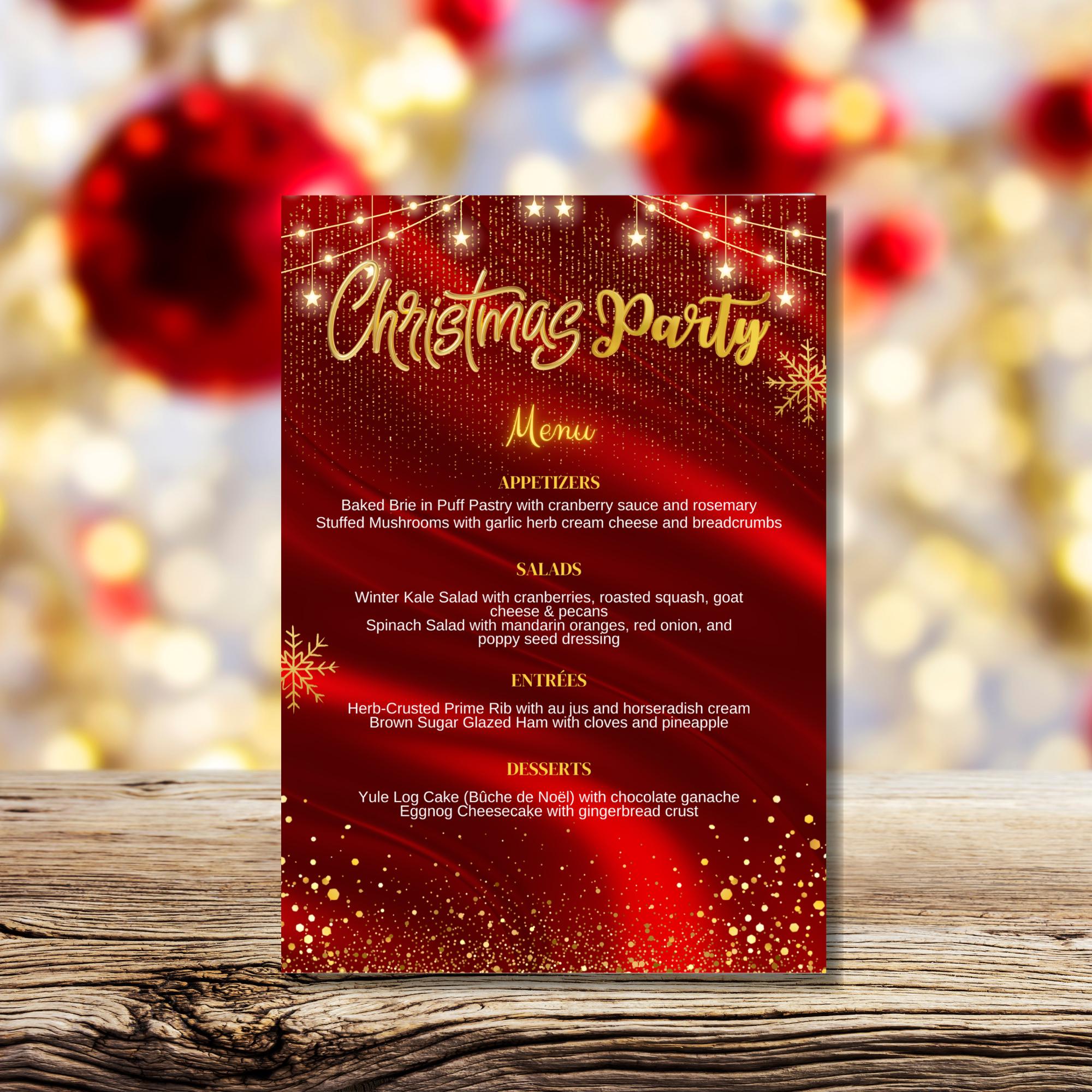 Editable Red and Gold Christmas Party Dinner Menu Template, Printable ...