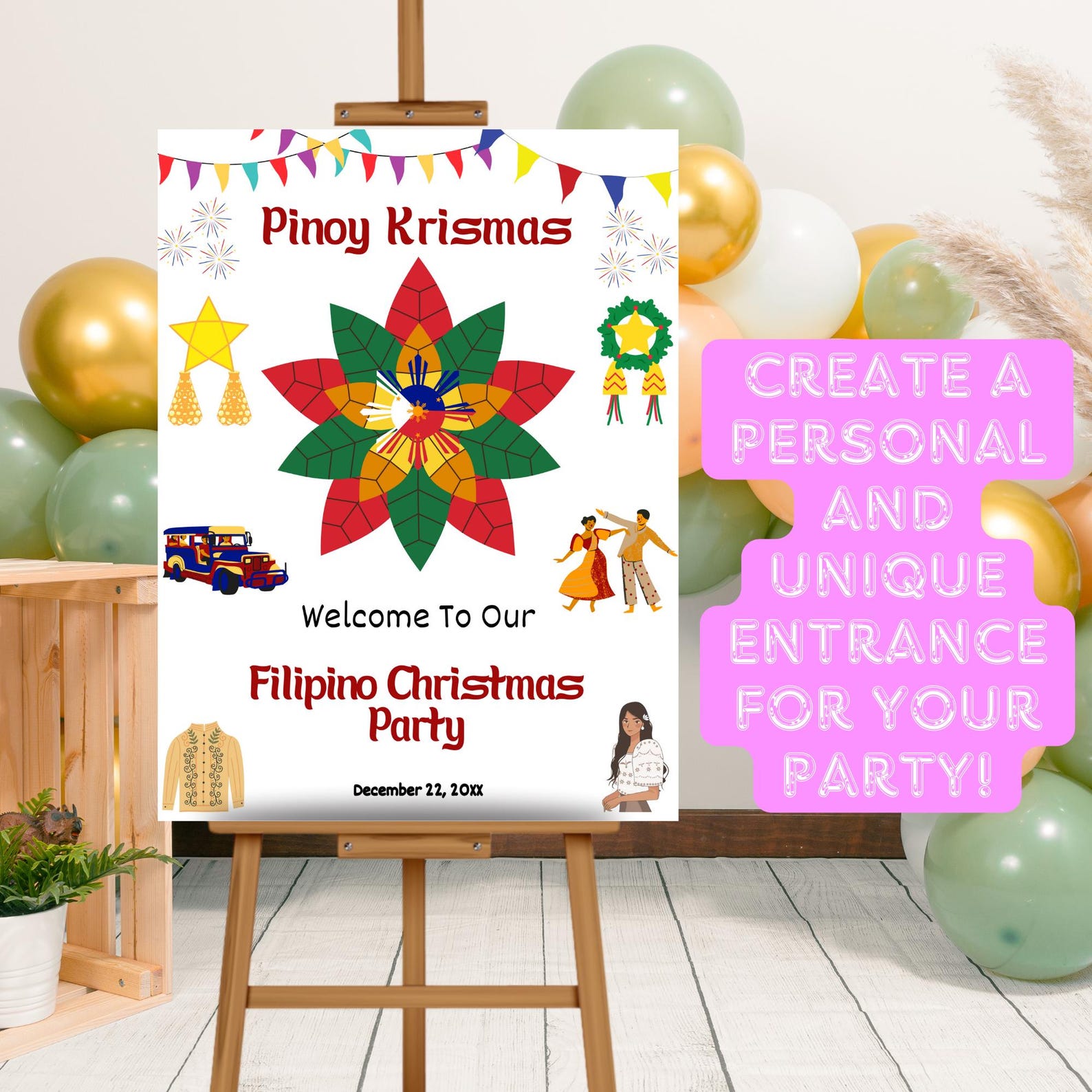 Editable Paskong Pinoy Party Welcome Sign Template, Printable Filipino ...