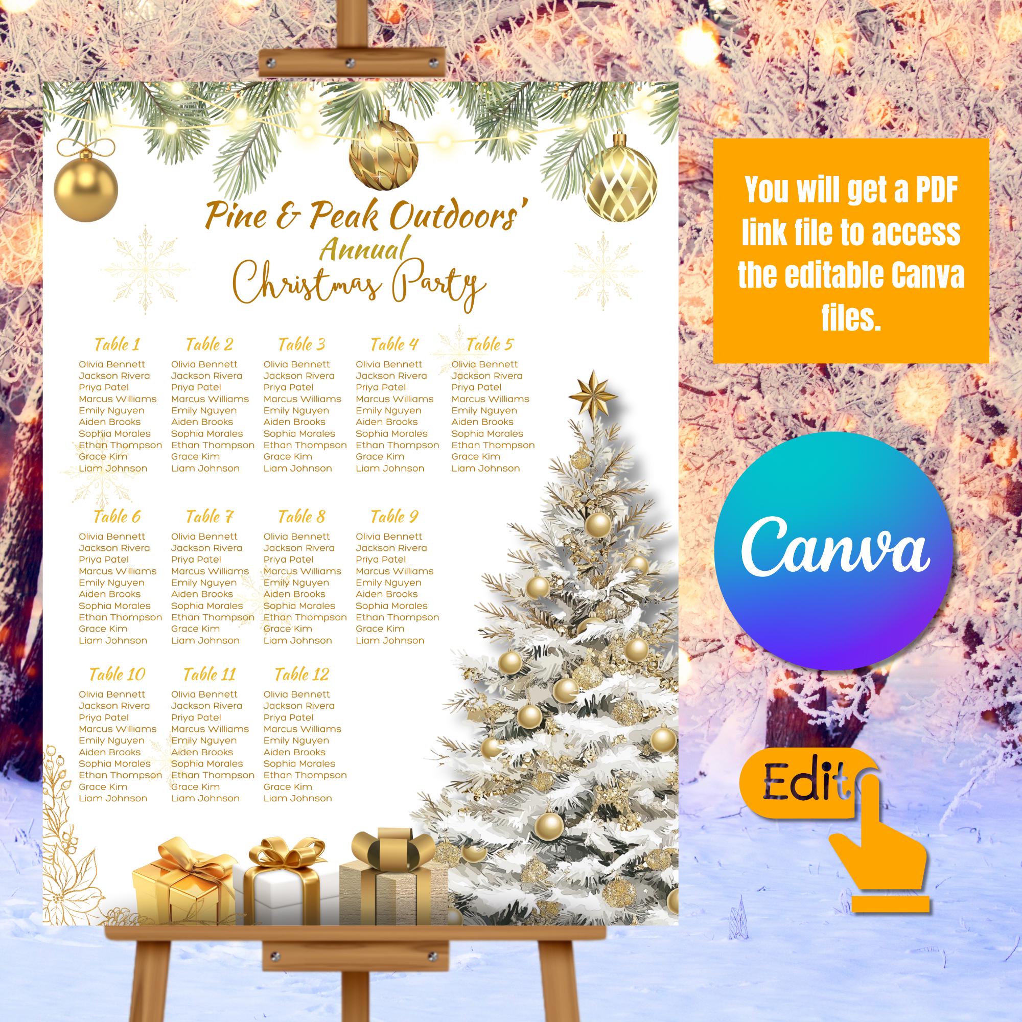 Editable Gold Christmas Party Seating Chart Template, Corporate ...