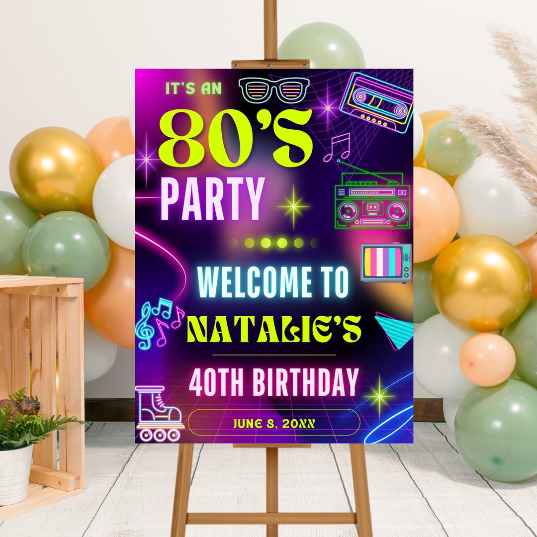 Editable Neon 80's Birthday Party Welcome Sign Template, Printable Back ...