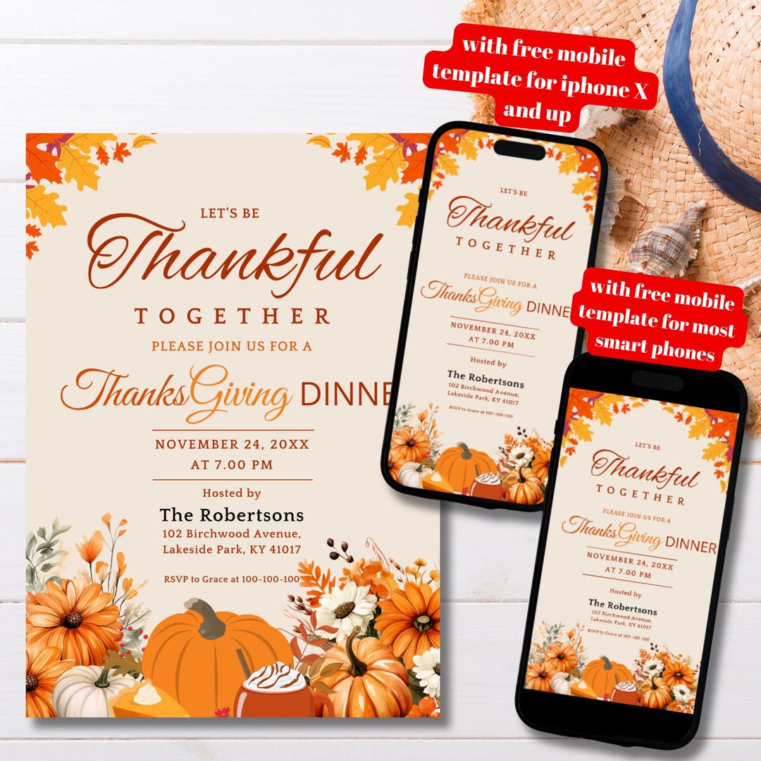 Editable Let's Be Thankful Thanksgiving Dinner Invitation Template ...