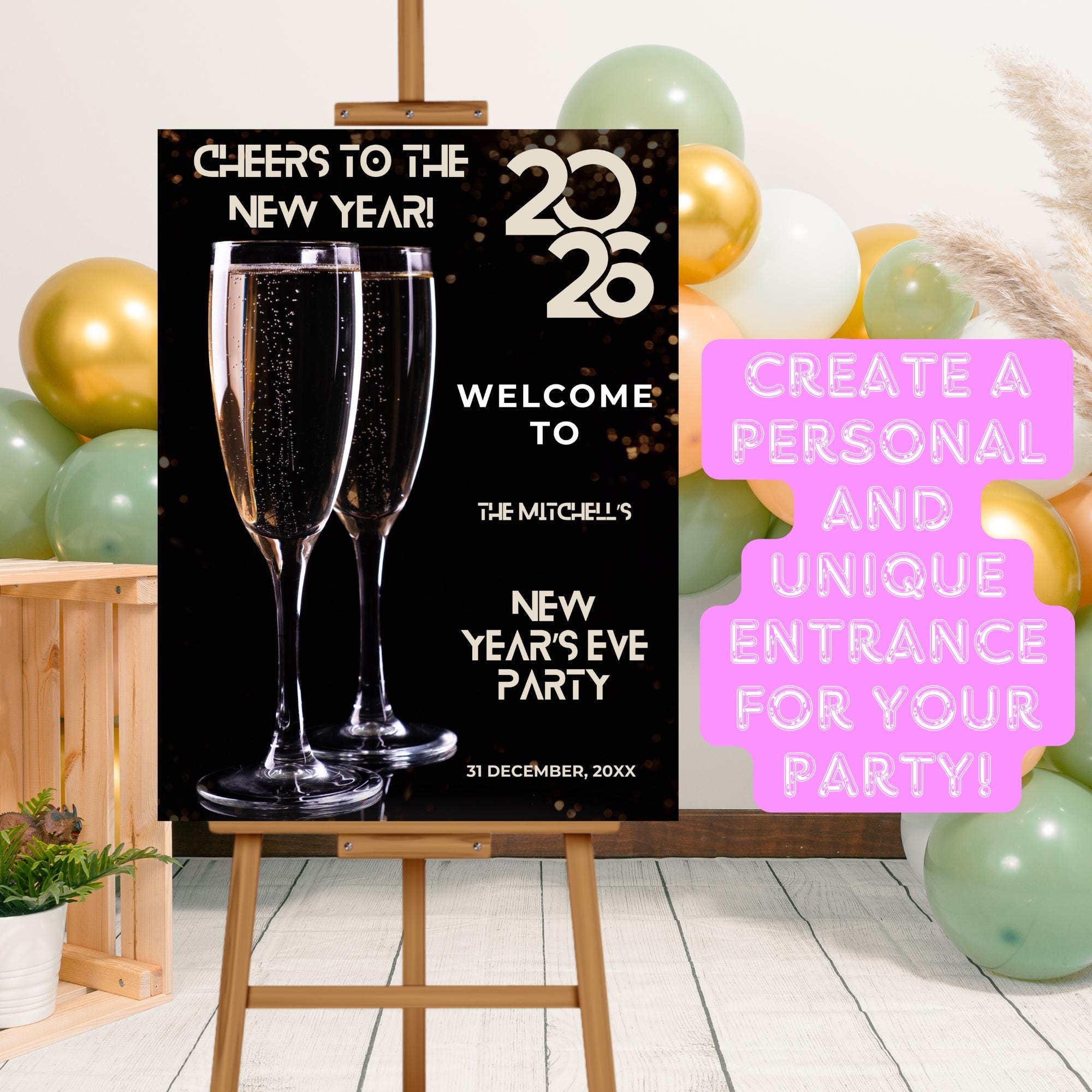 Editable Champagne New Year Party Welcome Sign Template, Printable NYE ...