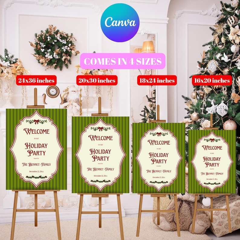 Editable Vintage Green Red Ornate Frame Christmas Party Welcome Sign ...