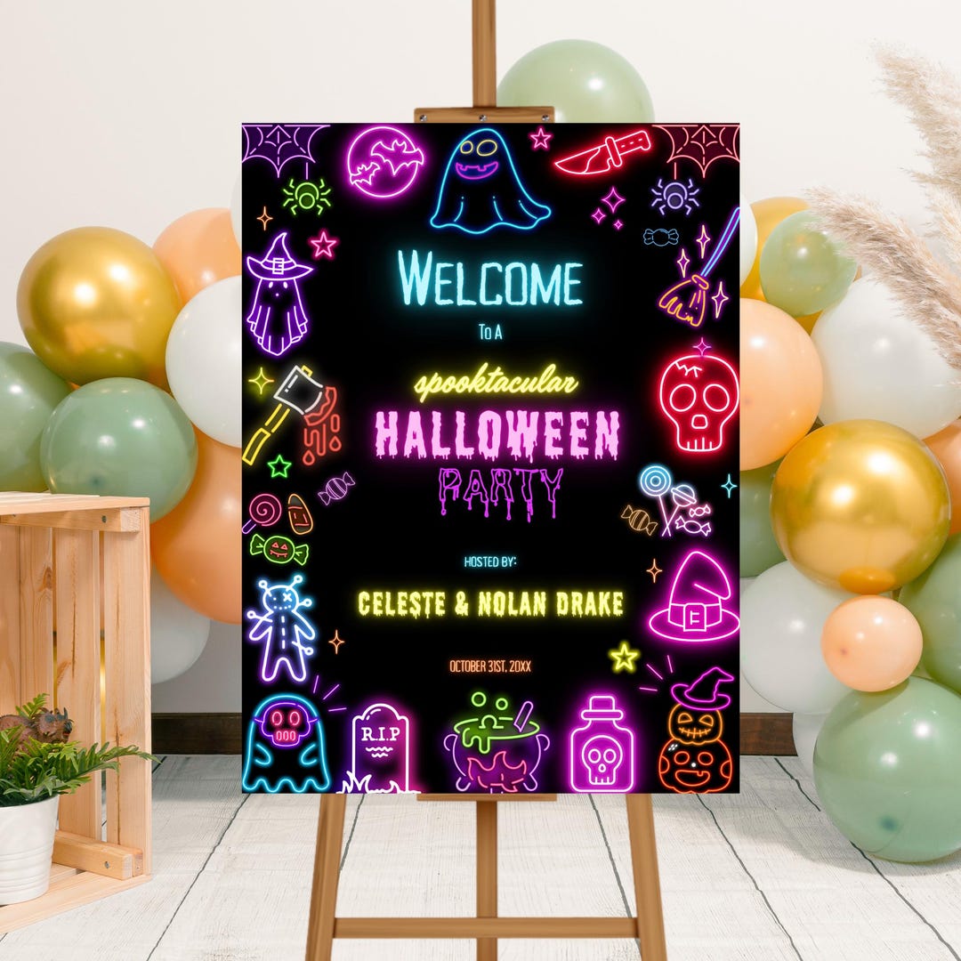 Editable Neon Halloween Party Welcome Sign Template, Printable Spooky ...