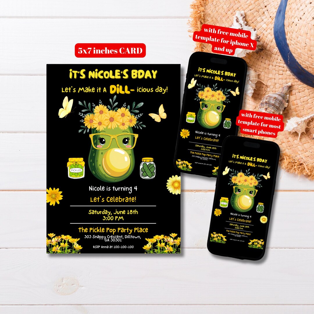 Editable Birthday Yellow Pickle Invitation Template, Printable Pickle ...
